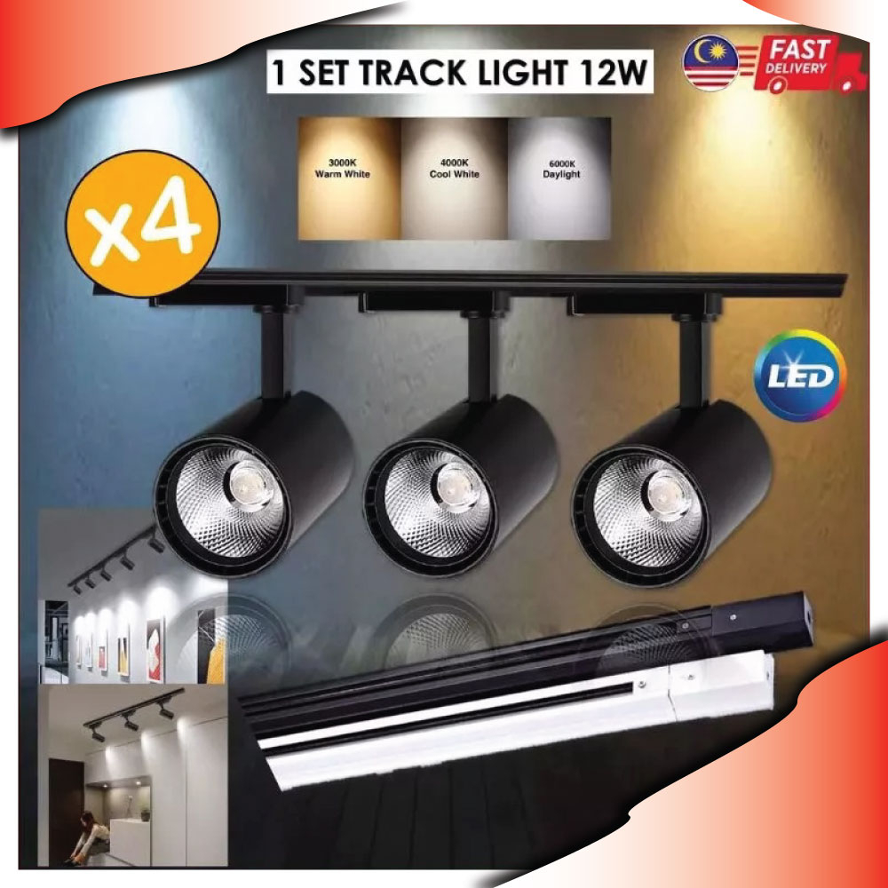 1 Set Track Light Set Rail 12W Spotlight Black/White Track Lampu Spot ...