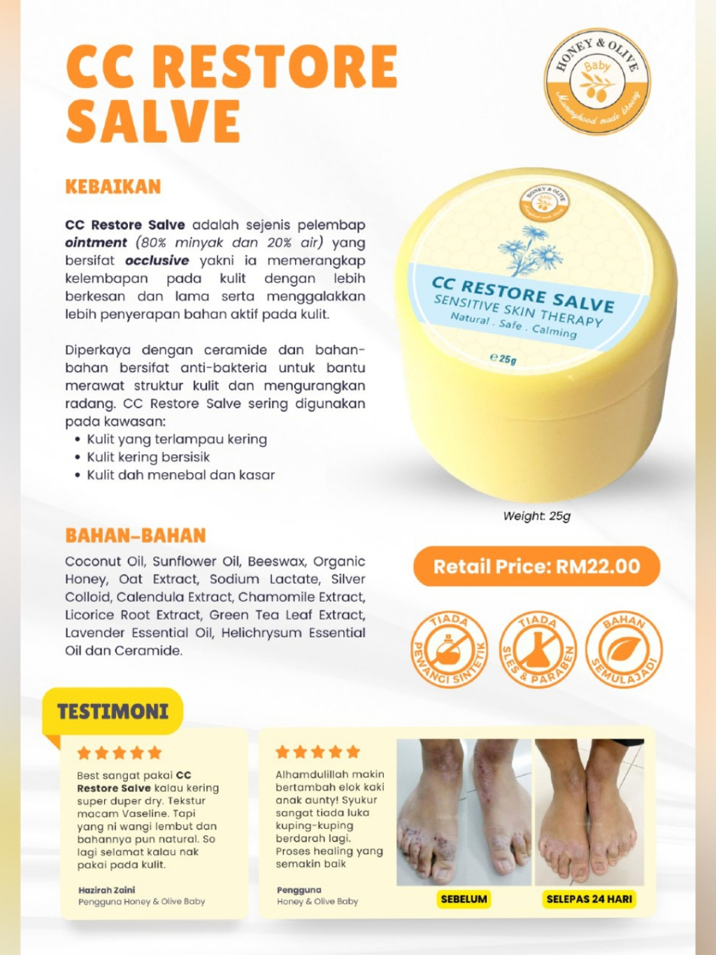 RESTORE SALVE (25) CC Restore Salve Honey Olive Baby Eczema Kulit Kering lembabkan kulit Natural ...