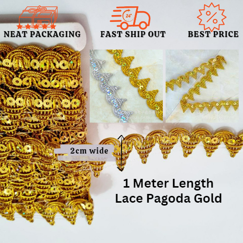 [1meter] Lace Gold 2cm Pagoda Labuci | Renda Emas | Baju Tradisional ...