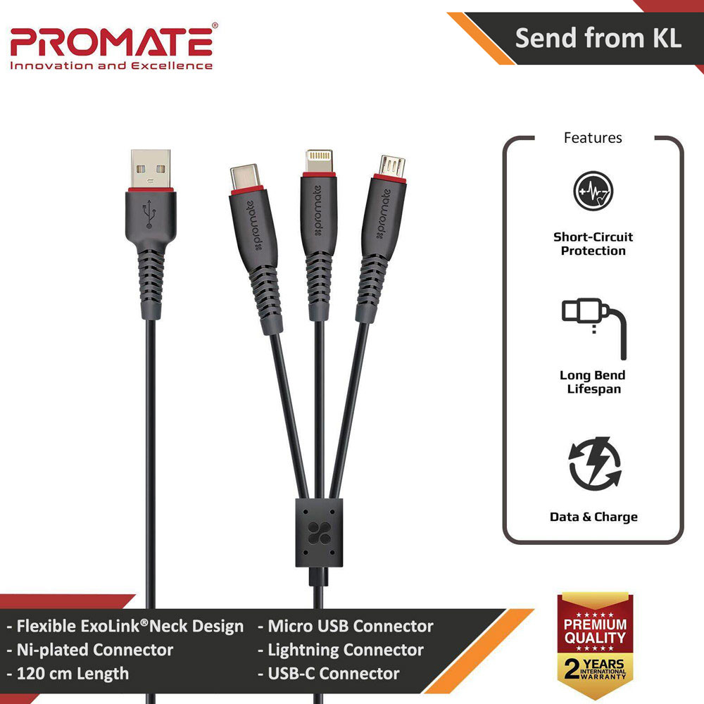 Promate 3 in 1 Cable Micro USB Type-C IP Multi Charging Cables Suitable for Car Charing FlexLink ...