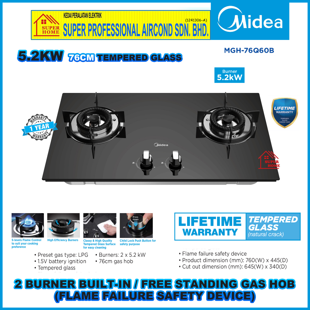 Midea Built-in Hob MGH-76Q60B 76cm Tempered Glass Gas Cooker Hob with Safety Device | Shopee ...