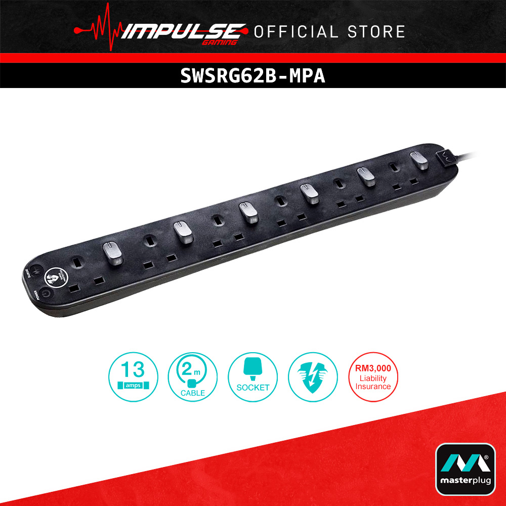 Masterplug 2 Meter Matt Black 6 Gang Individually Switched with Surge ...