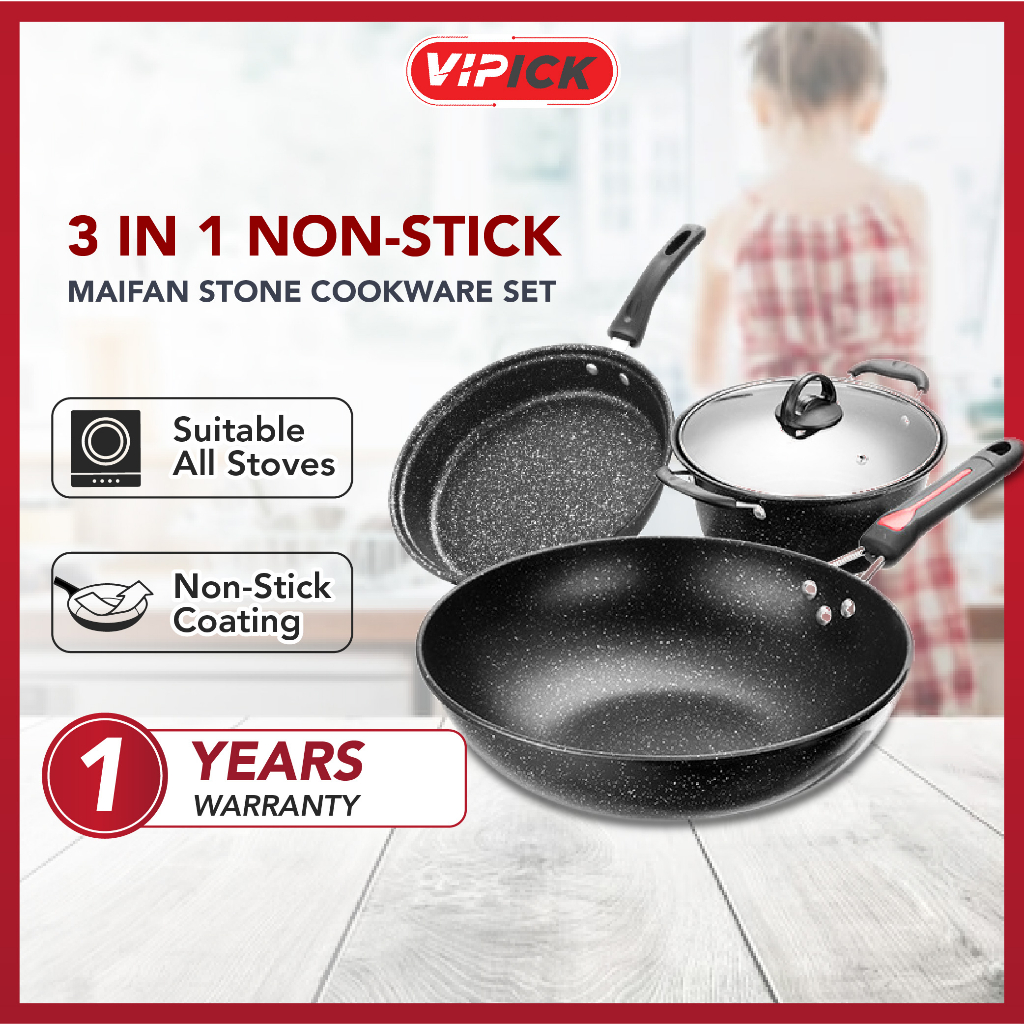 3 In 1 Non Stick Pan Set Periuk Batu Kuali Cookware Set Fry Pan Pot ...