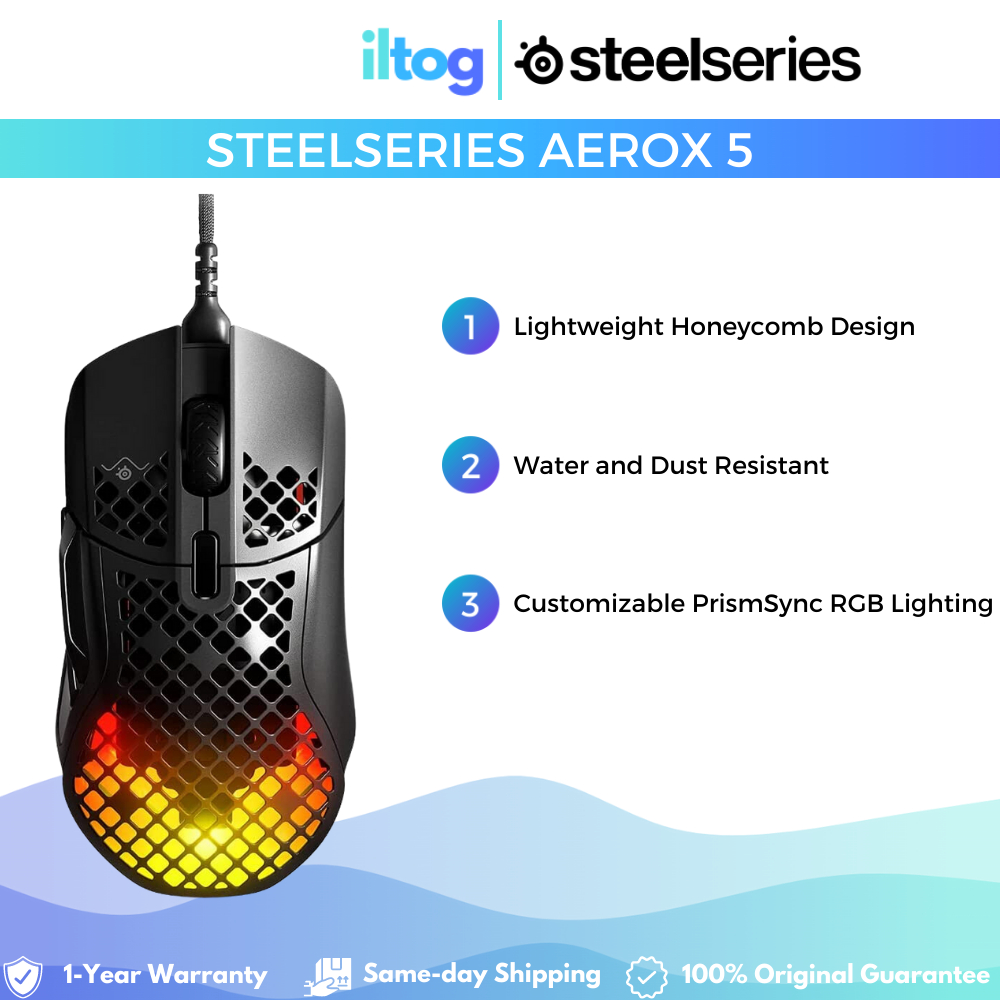 SteelSeries Aerox 5 RGB Ultra Lightweight Multi-Genre 9 Programmable ...