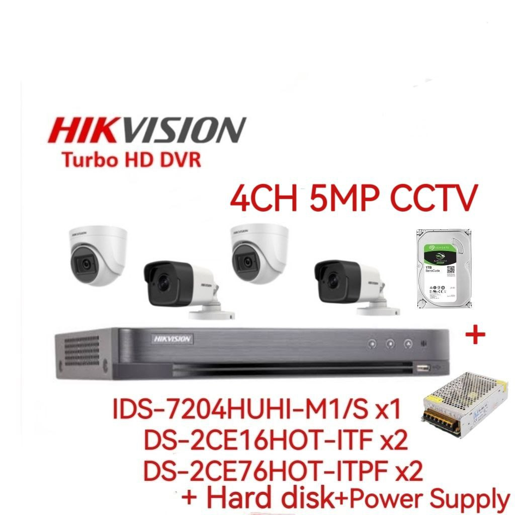 HIKVISION 5MP 4CH DVR PACKAGE SET IDS-7204HUHI-M1/S / DS-2CE76H0T-ITPF / DS-2CE16H0T -ITF ...