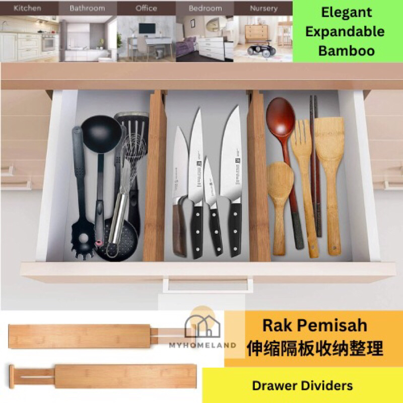 Expandable Bamboo Drawer Dividers, Adjustable Utensil Organizer ...