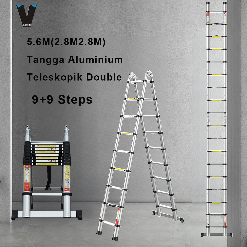 BOWEITI 5.6M (2.8M+2.8M) Ladder 18 Steps Two Way Multipurpose Telescopic Extendable Aluminium ...