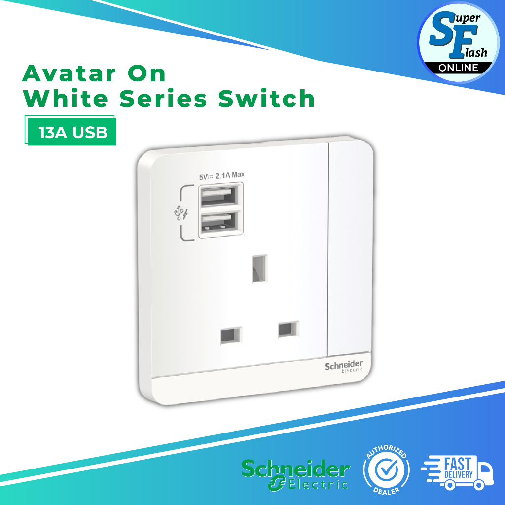Schneider Avatar ON 13A + USB Switches & Sockets (White/Dark Grey/Gold ...