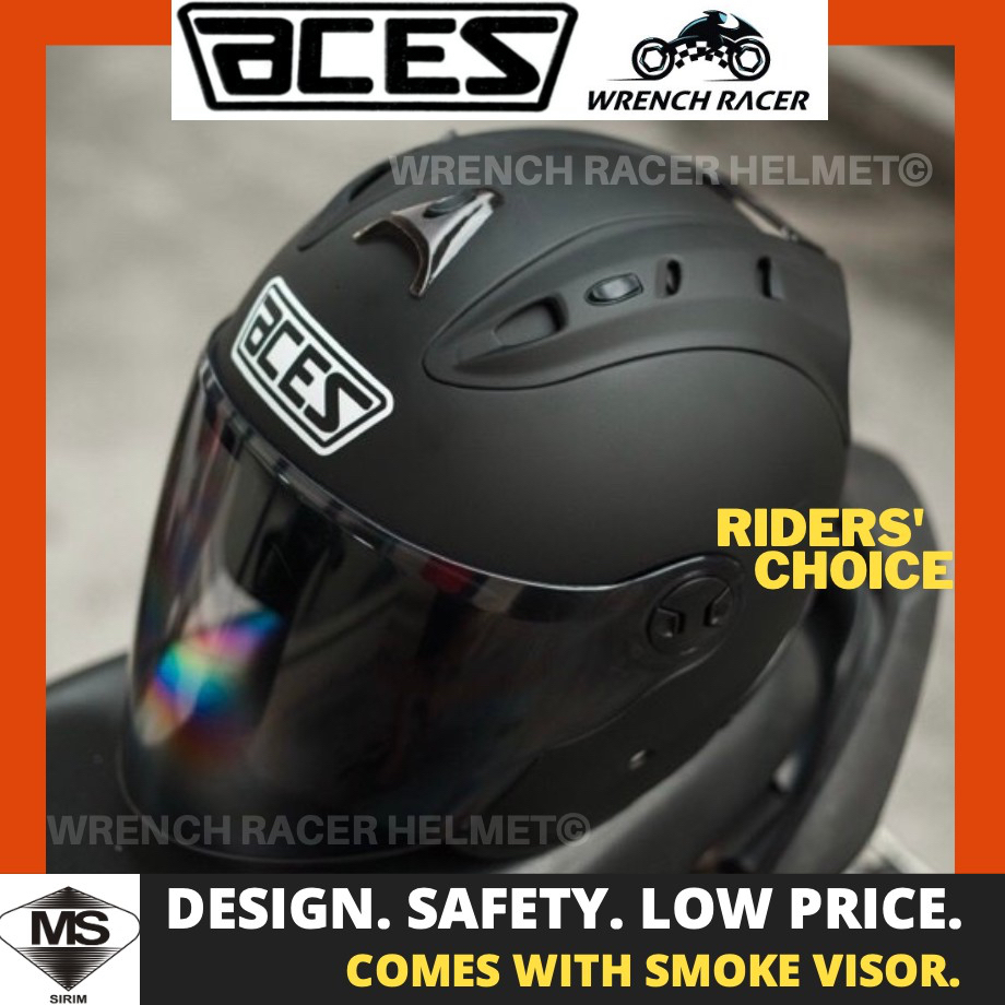 Helmet ACES R2 Matte Black / Helmet with Smoke Visor / ACES R2 / Topi ...