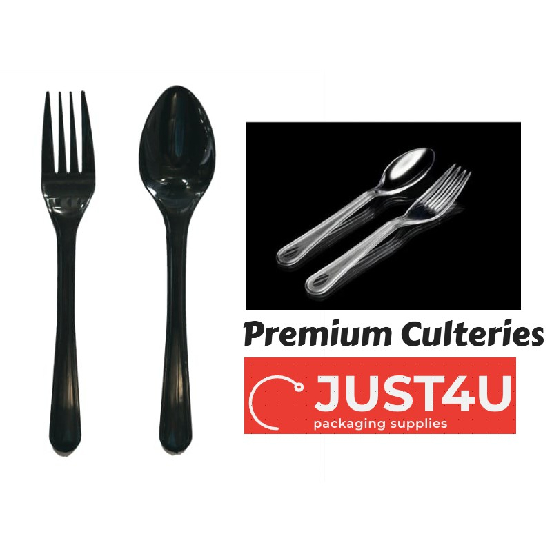 [Thick] Premium 7" inches Disposable Plastic Spoon & Fork Black & Clear ...