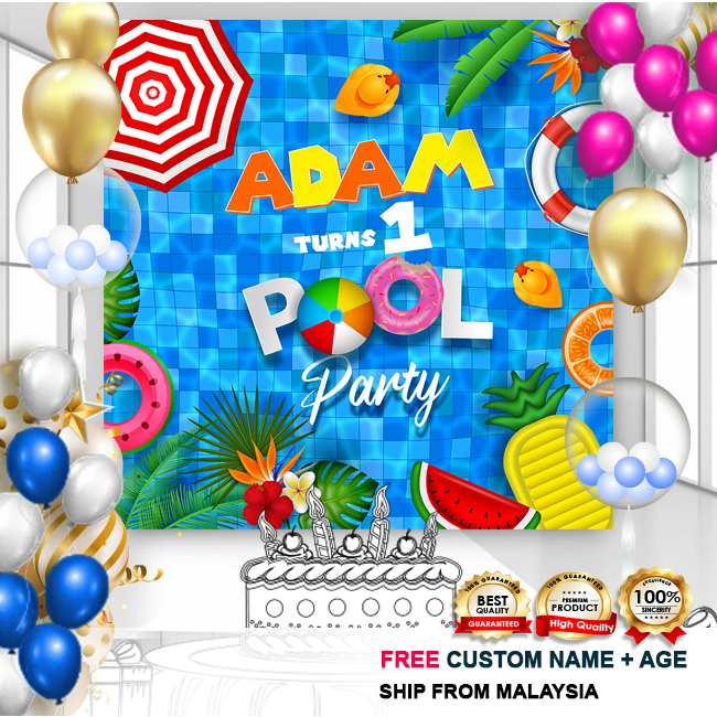 Birthday Banner / Birthday Backdrop / Hari Jadi - Pool / Swimming ...