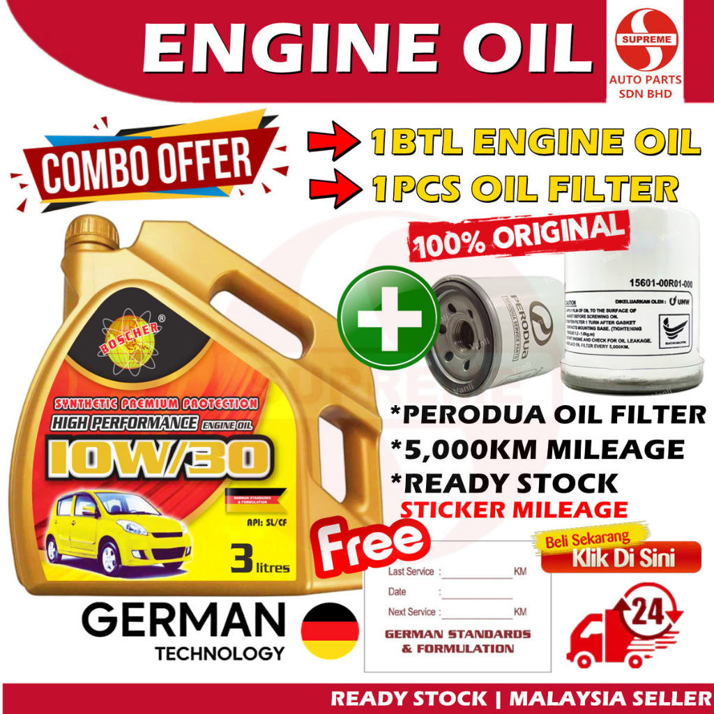 S2U Boscher Perodua Engine Oil 10W30 SL/CF Synthetic Based 3Liter Kancil Viva Kenari Kelisa ...