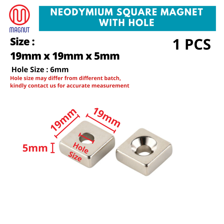 1pcs - 19mm x 19mm x 5mm - Rare Earth Neodymium Square Magnet with Hole ...