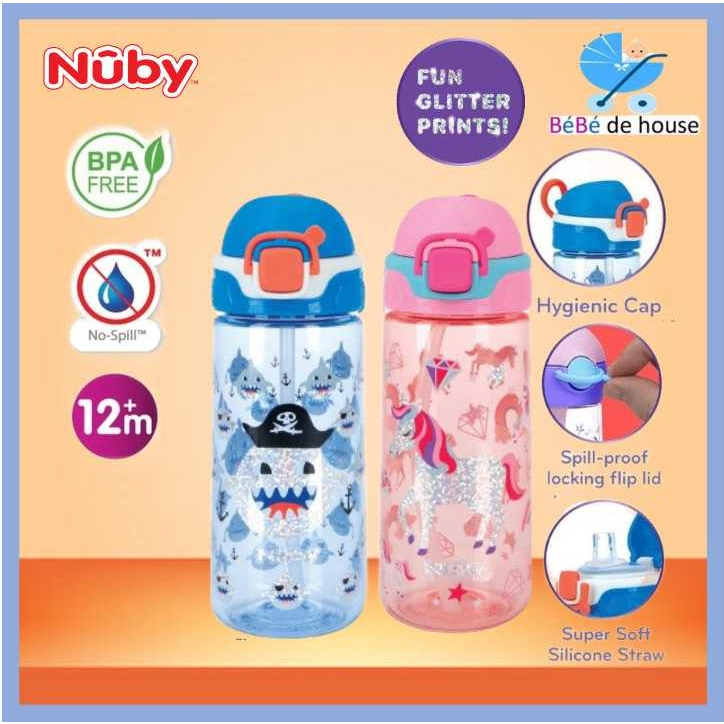 Nuby Botol Air Tritan Cup with Silicone Spout w/Glitter Design Flip-it Bolt Cup 180z/540ml - 1 ...