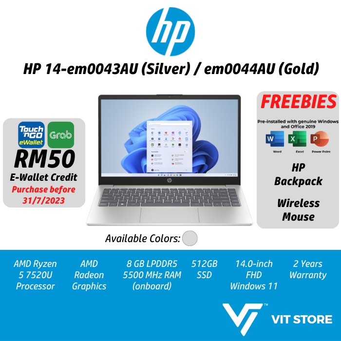 HP Laptop 14 R5-7520U 8GB DDR5 5500MHz AMD Radeon SIlver Gold 512GB 14 ...
