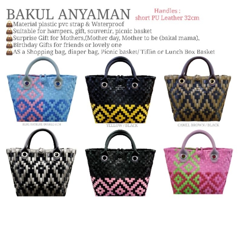 BAKUL ANYAMAN MOTIF KELERAI XS, S, M SIZE WITH SHORT LEATHER HANDLES KRAFTANGAN SARAWAK PRE ...