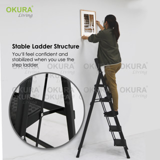 OKURA Folding Steel Pipe 3 / 4 / 5 / 6 Wide Step Ladder Foldable Household Indoor Platform Stair ...