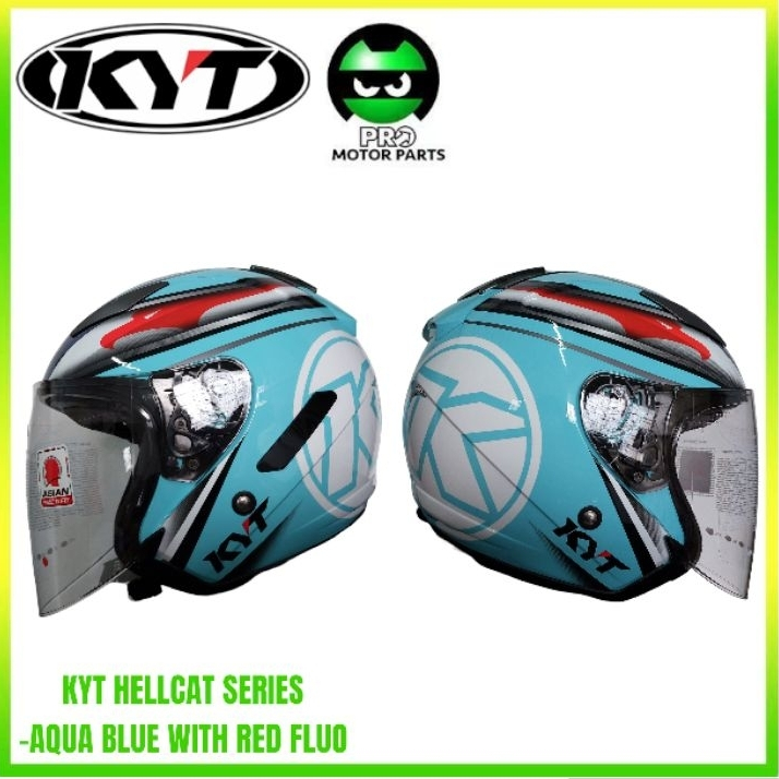 KYT HELLCAT RESTART AQUA BLUE / RED FLUO TOPI KELEDAR KYT OPEN FACE ...