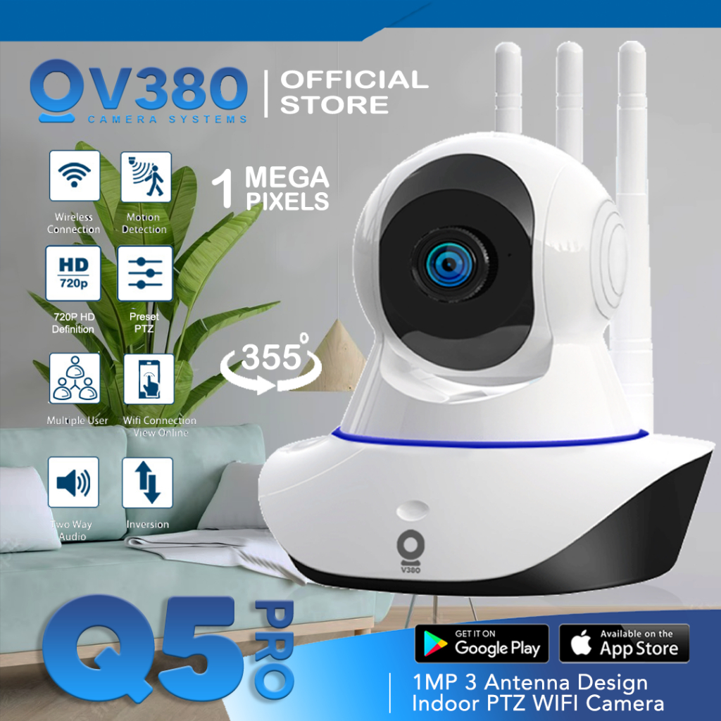 CCTV V380 Q5PRO 1MP | Home Smart Wifi Connect to Cellphone Night Vision 3 Antenna Design CCTV ...
