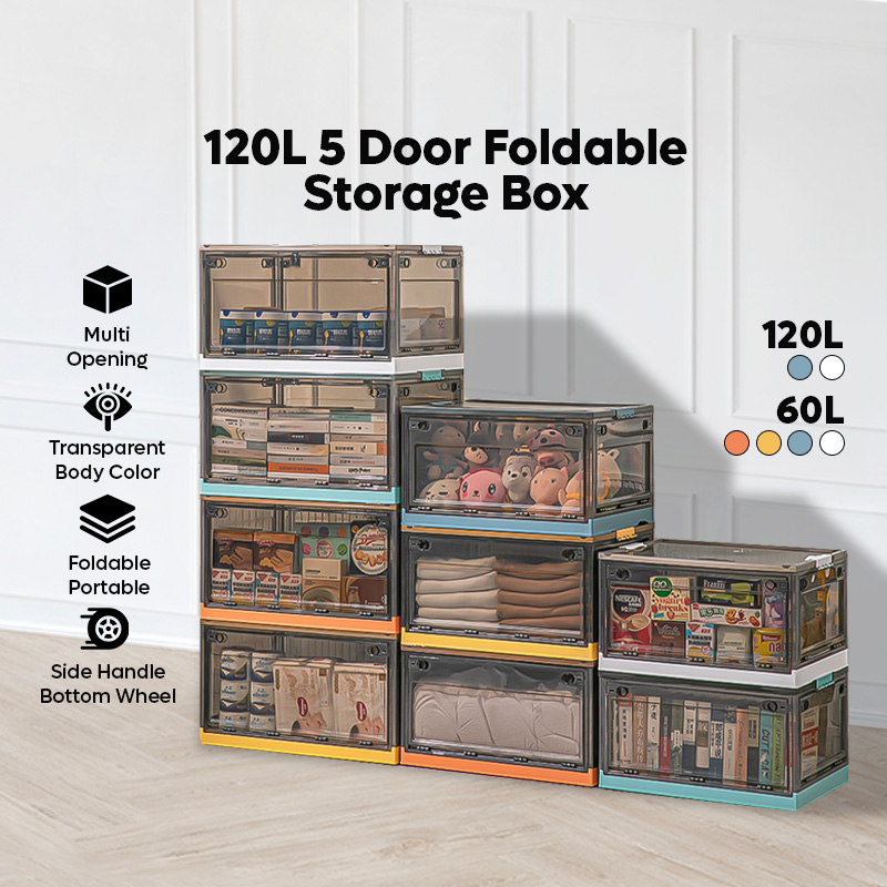 60L / 120L 5 Door Foldable Storage Box with Lid Large Multipurpose Stackable Organizers Kotak ...