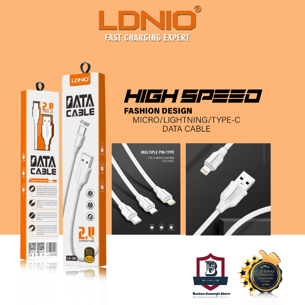 BOSTON LDNIO LS361 (1 Meter)& LS362 (2 Meter) Micro / IP / Type-C 2.4A Fast Charging & Data ...