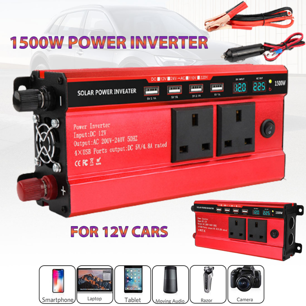 1500W Car Power Inverters, Modified Sine Wave Converter Dc 12V to Ac 220V Adapter with 2 Sockets ...