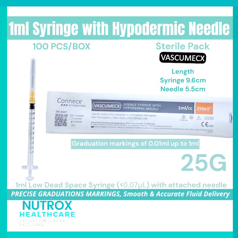 1ml Low Dead Space STERILE SYRINGE WITH HYPODERMIC NEEDLE 25G 100pcs ...