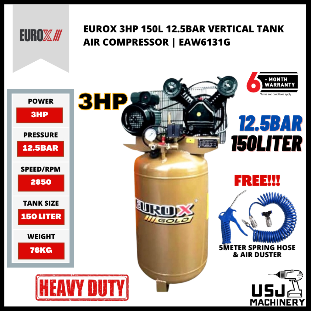 EUROX 3HP 150Litre 12.5Bar Vertical Tank Air Compressor EAW6131G | 6 Months Warranty | Shopee ...