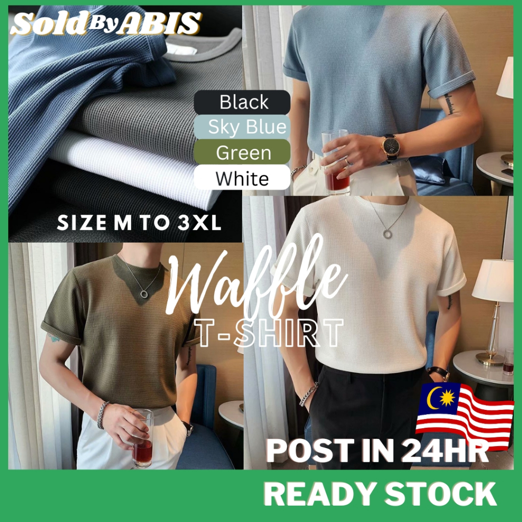 Men's Waffle T-shirt Top Round Neck Plain Solid Color Tees Waffle Line Design Tshirt Baju Lelaki ...