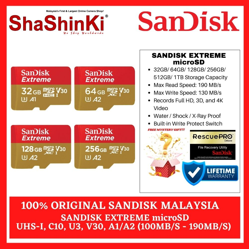 SanDisk Extreme microSDHC™/microSDXC™ (190MB/s) (32GB/64GB/128GB/256GB) A2 Class 10 UHS-I V30 U3 ...