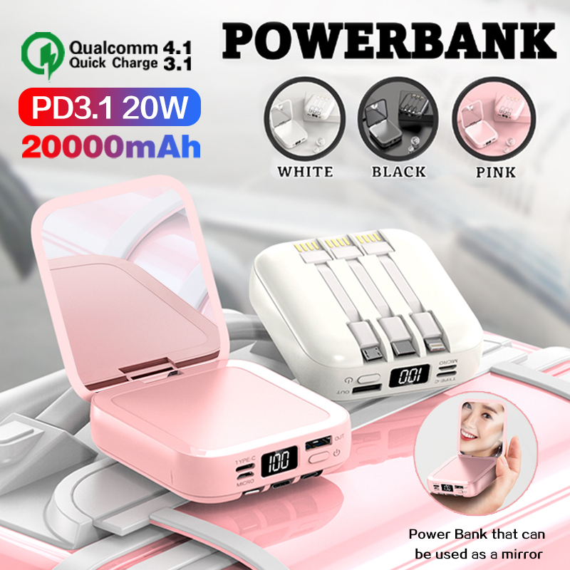 Mini Mirror Power Bank 30000 mah fast charging built-in 3-wire digital ...