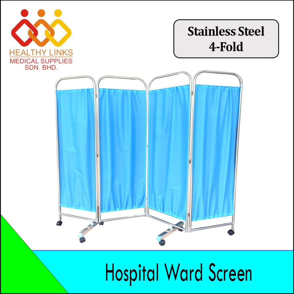 Hospital Stainless Steel Ward Screen With Blue Curtain - 3-Fold / 4 ...