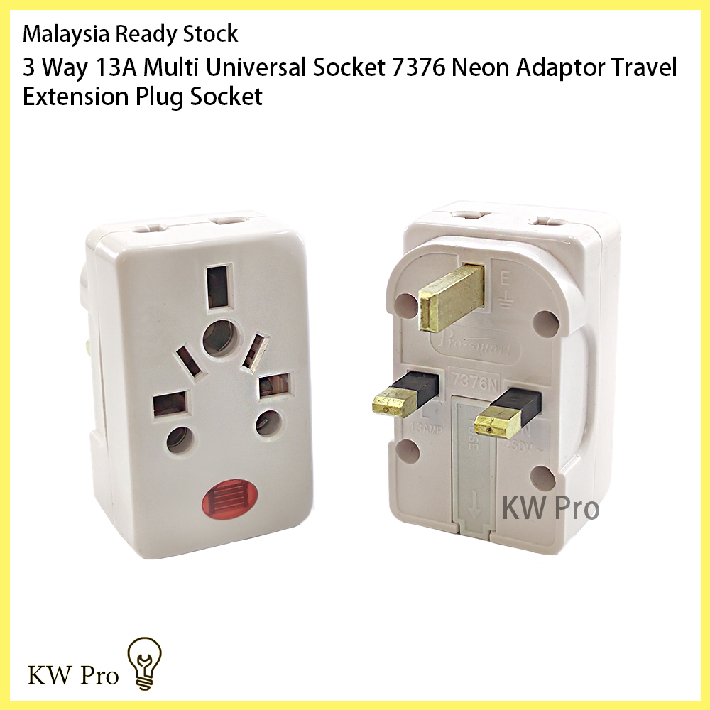 3 Way 13A Multi Universal Socket 7376 Neon Adaptor Travel Extension ...