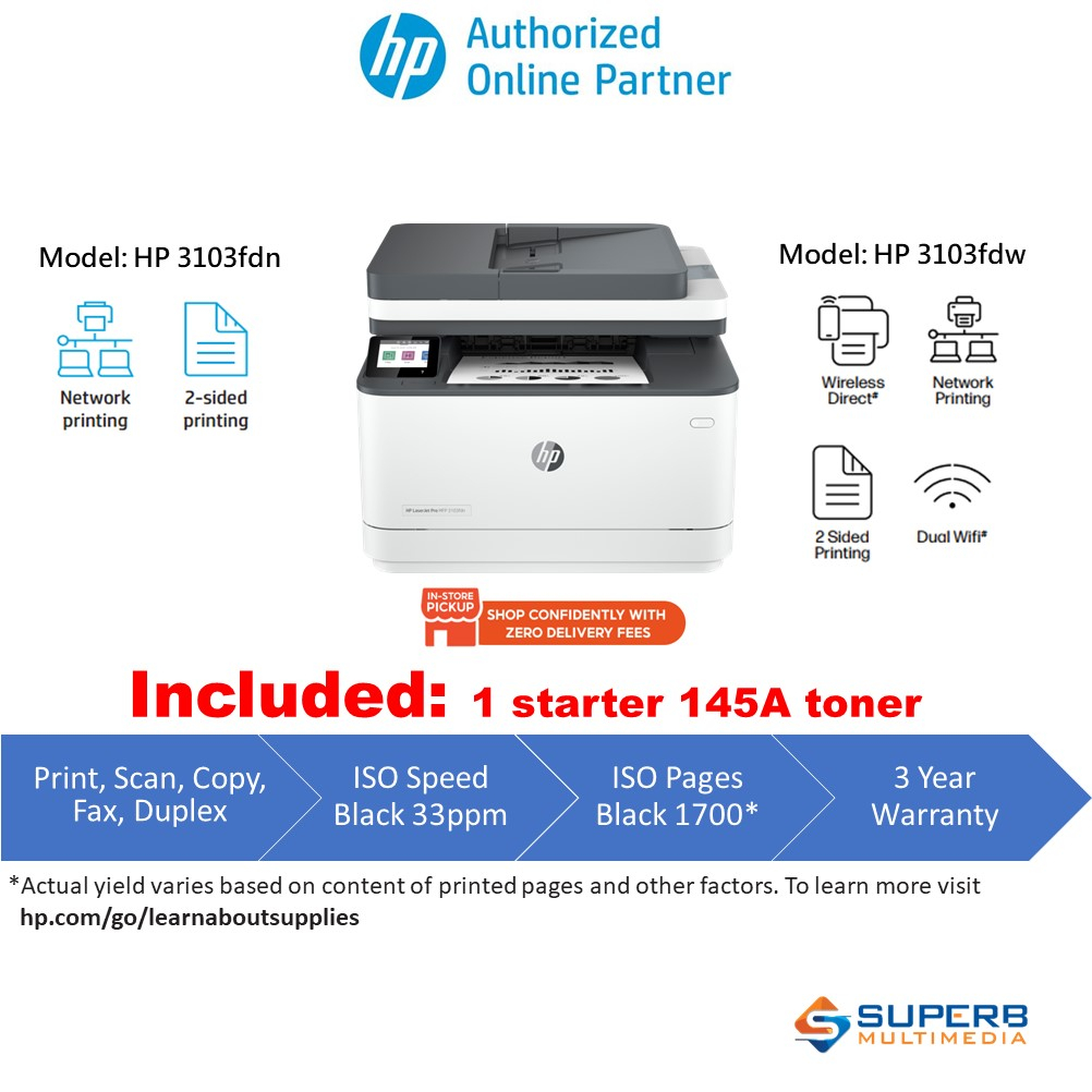 HP LaserJet Pro MFP 3103fdn network or 3103fdw wireless Printer (Print, scan, copy, fax, duplex ...