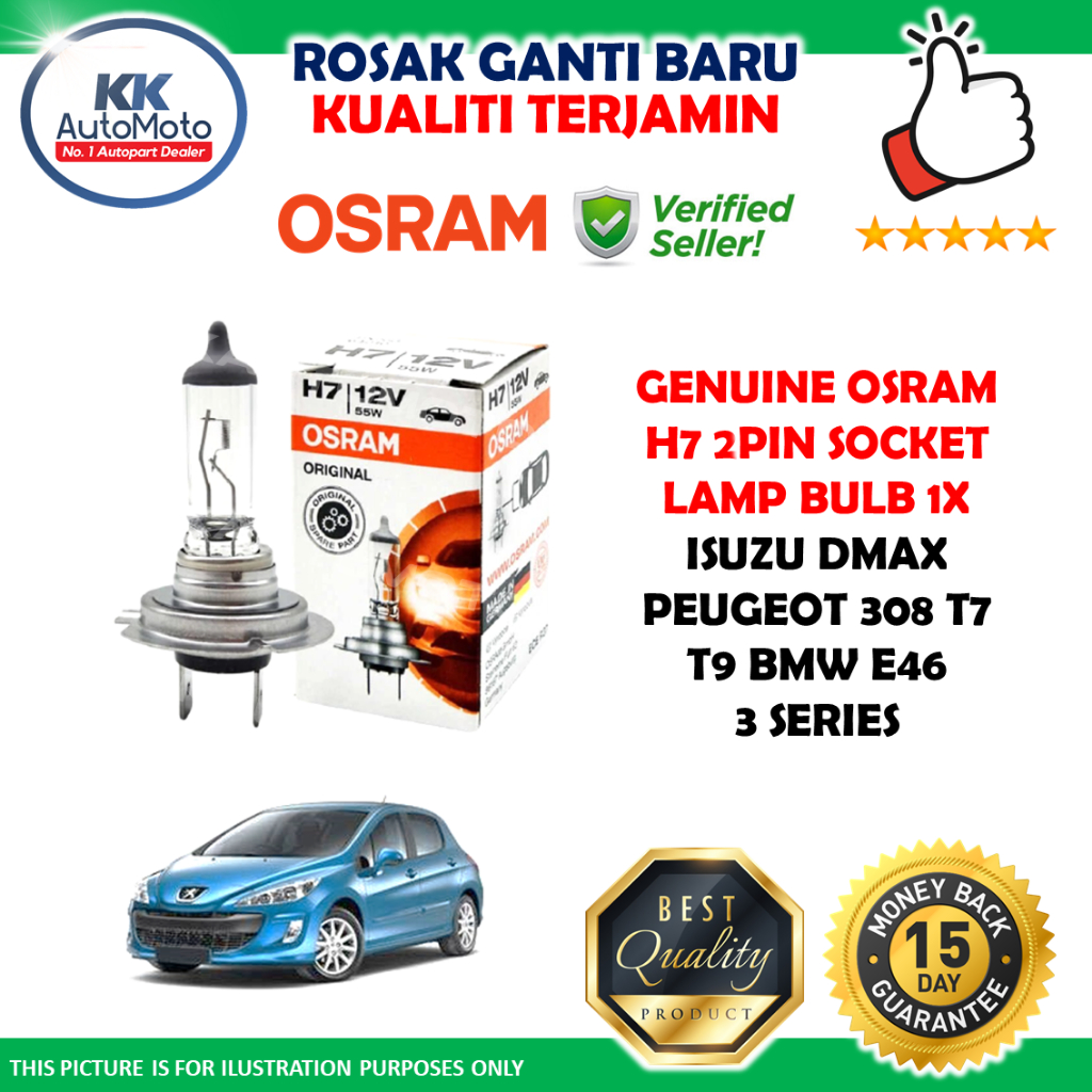 1 Biji Genuine OSRAM H7 2PIN 12V 55W Isuzu DMAX Peugeot 308 T7 T9 BMW E46 3 Series Standard Lamp ...