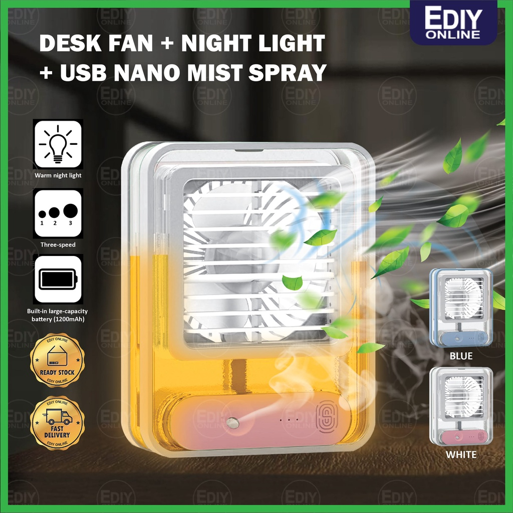 USB Nano Mist Spray + Desk Fan + Night Light Rechargeable Wireless ...