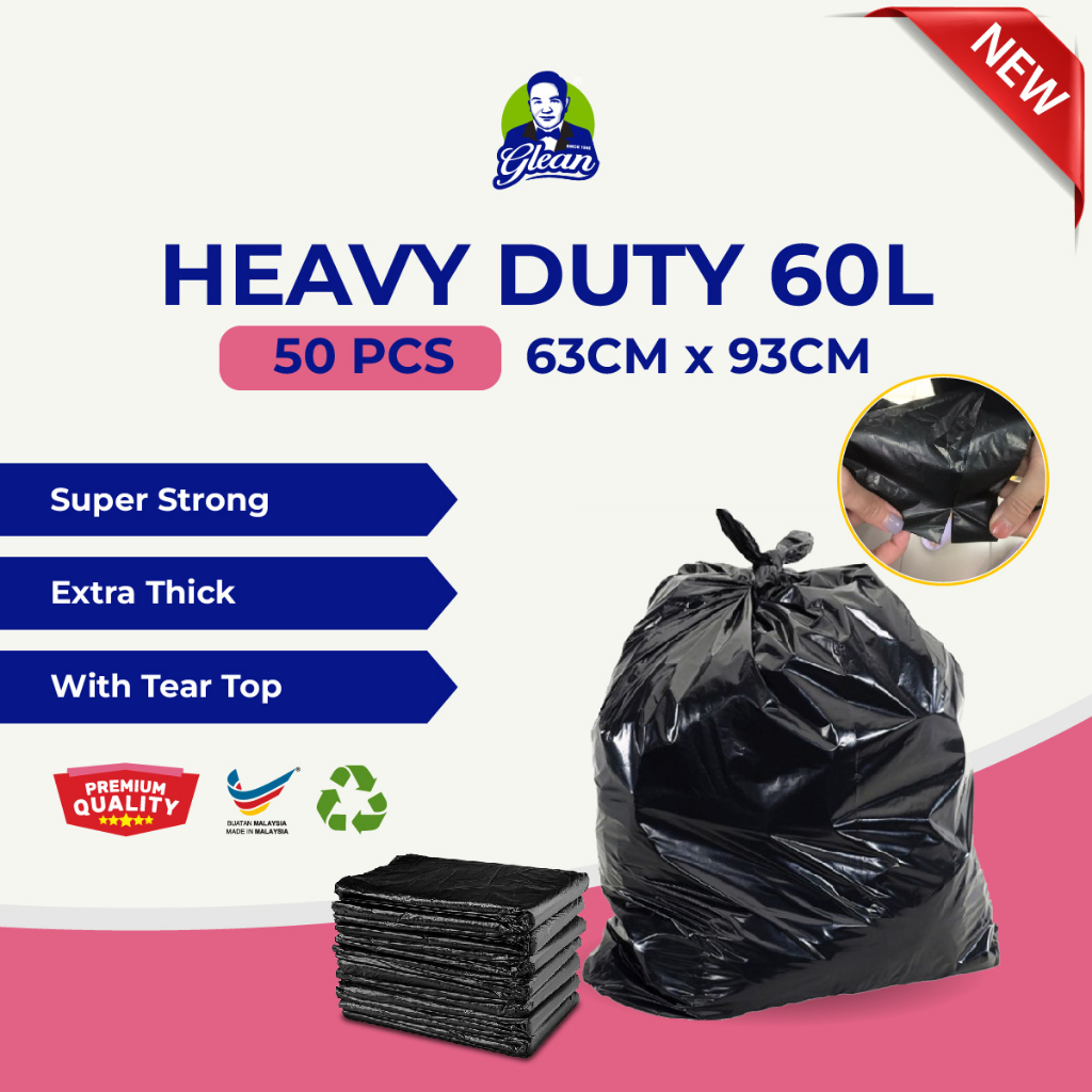 GLEAN Heavy Duty 60 L Garbage Bag Teartop 63x93cm Extra Thick Leakproof ...