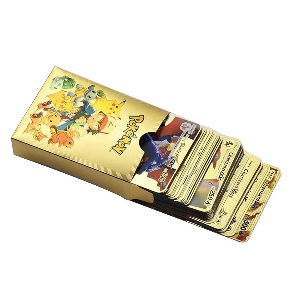 55 pcs Metal Gold Pokemon Cards English Charizard Pikachu Trainer Card ...