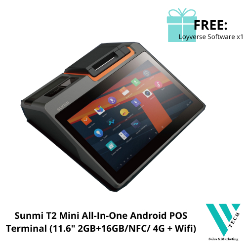 Sunmi T2 Mini All-In-One Android POS Terminal (11.6"/2GB+16GB/NFC/ 4G + Wifi/FREE Loyverse ...