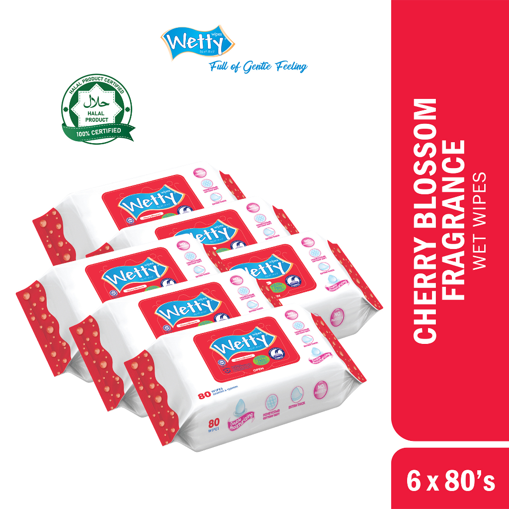 Wetty Wet Tissue Cherry Blossom Fragrance Wipes Tuala Basah Tebal Tanpa ...