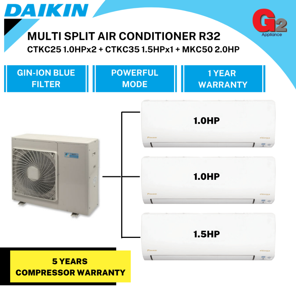 DAIKIN MULTI-SPLIT AIR COND INVERTER (R32) MKC-50RVM 2.0HP + 2 UNIT 1.0 ...