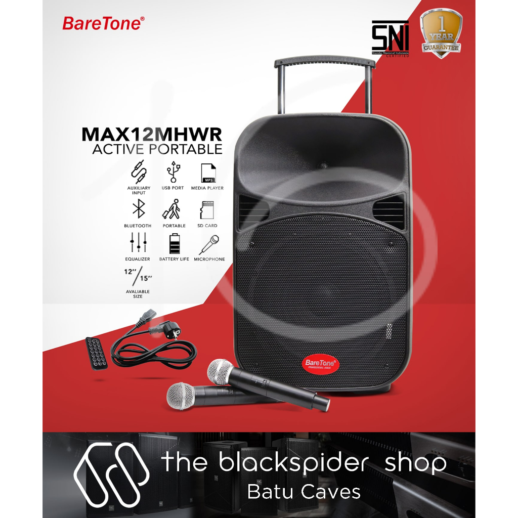 Baretone MAX-12MHWR 12" Portable Speaker with Two UHF Wireless ...