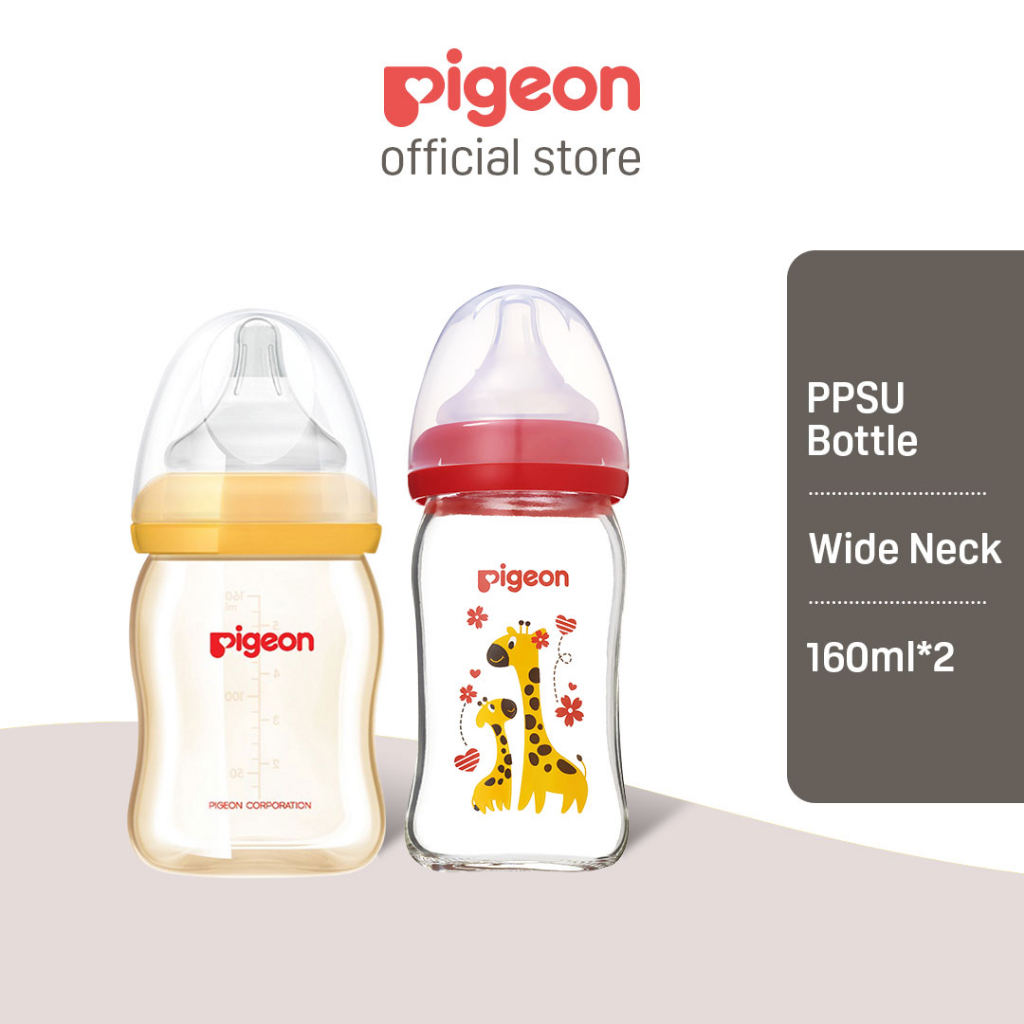 PIGEON SofTouch Wide Neck PPSU Nursing Bottle + Wide Neck Glass Nursing Bottle Giraffe (160ml ...