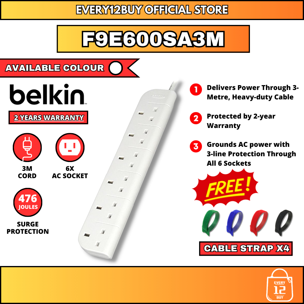 Belkin F9E600SA3M Economy Series 6-Socket Surge Protector Power Strip ...