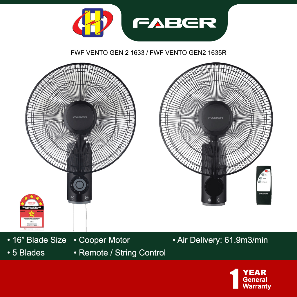 FABER VENTO (16") 3 Speed 5 Blades Cooper Motor Wall Fan FWF VENTO GEN ...