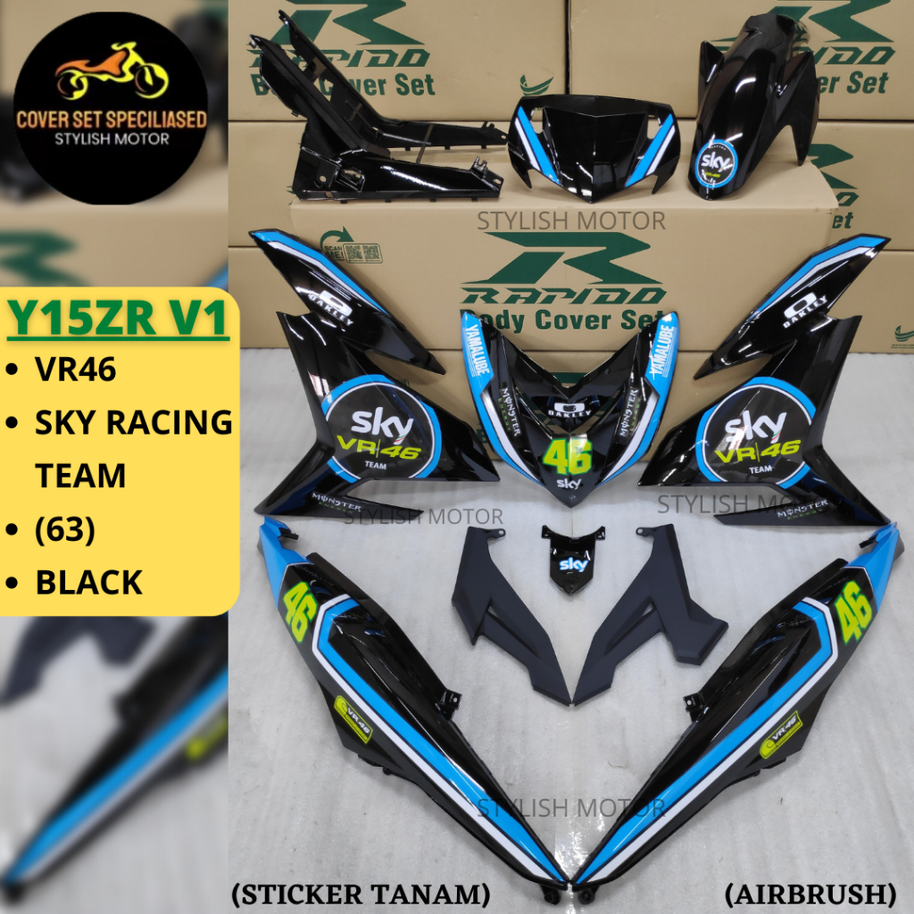 (STICKER TANAM/AIRBRUSH) RAPIDO COVER SET YAMAHA Y15 Y15ZR V1/V2 VR46 SKY RACING TEAM (63) BLACK ...