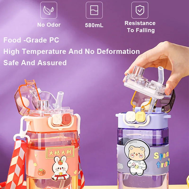 Cute Square Tritan Water Bottle With Straw Summer Kids School Portable ...