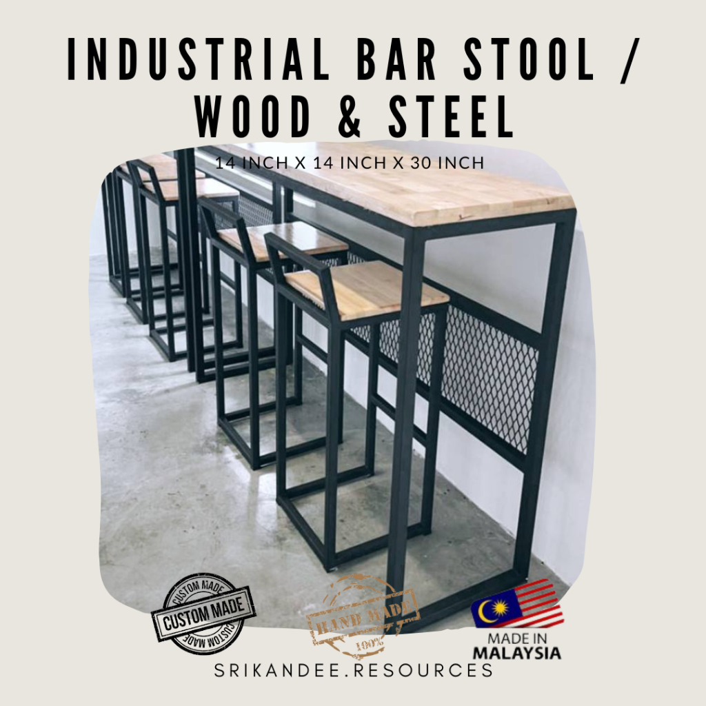 Industrial Bar Stool Furniture | Kerusi Kaki Besi | High Chair | Wood ...