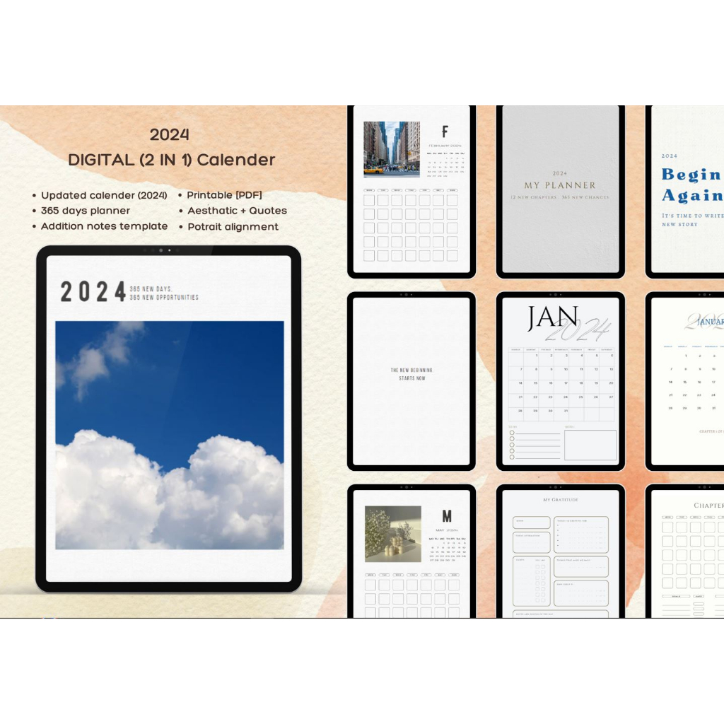 2024 Digital (2 in 1) Calender Templates and Monthly Planner. Simple ...