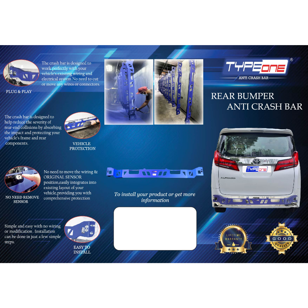 🔥 TYPE ONE REAR BUMPER ANTI CRASH BAR🔥 TOYOTA ALPHARD/VELLFIRE AGH30 ...